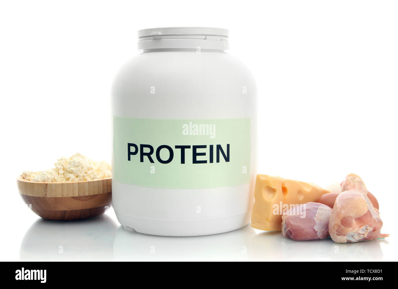 jar of protein powder and food with protein, isolated on white Stock ...