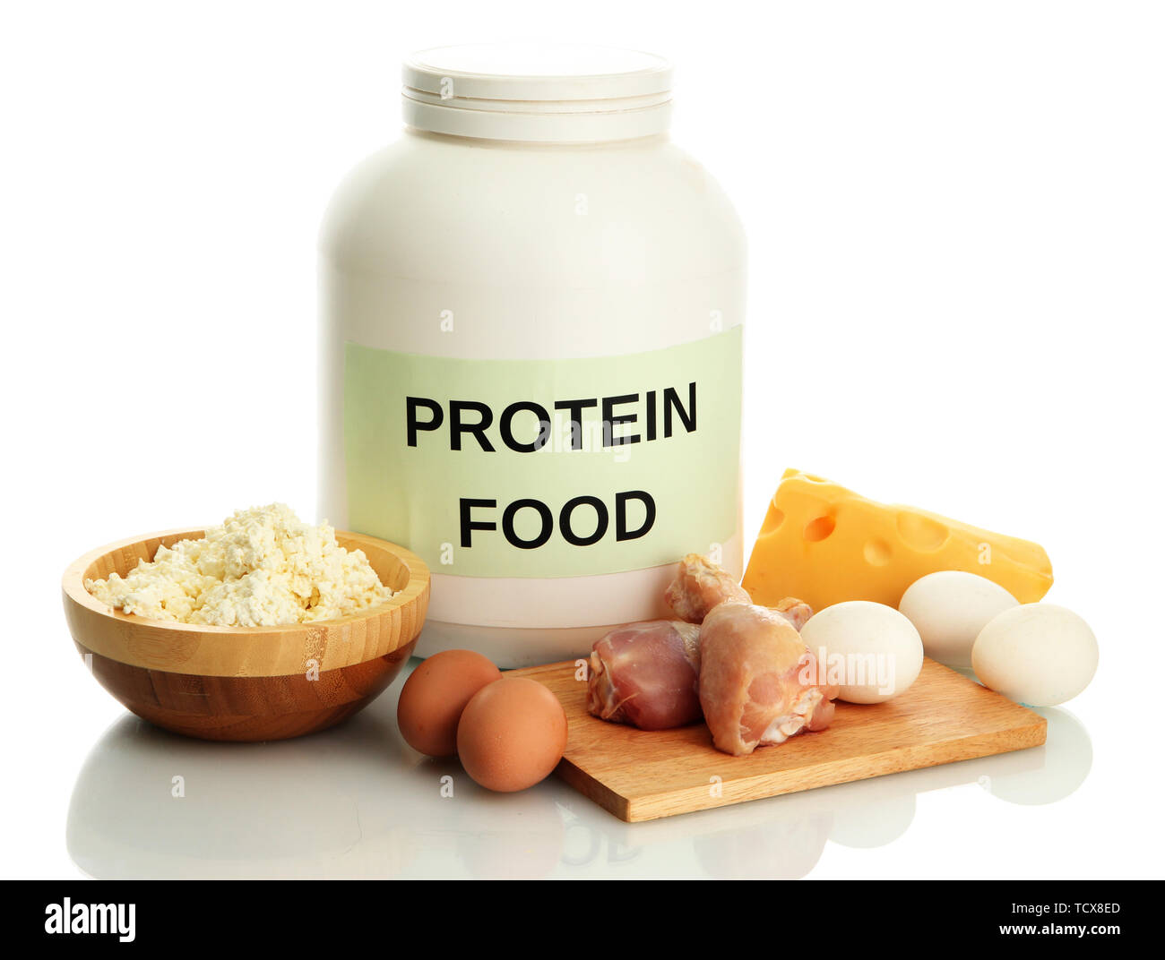 jar of protein powder and food with protein, isolated on white Stock ...