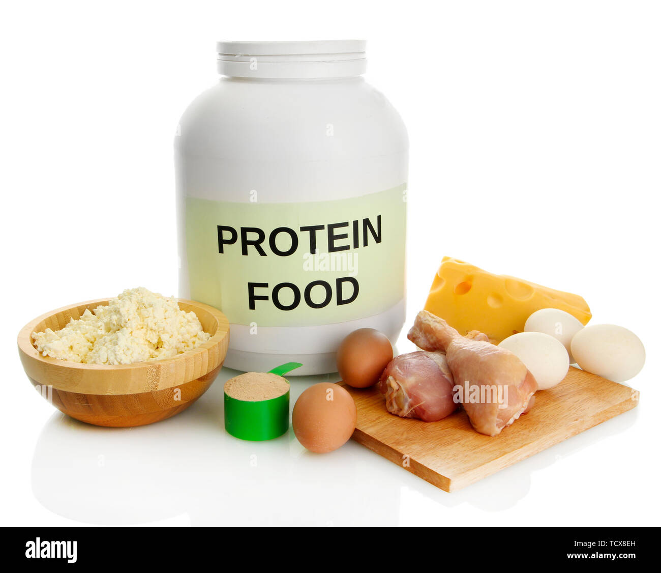 jar of protein powder and food with protein, isolated on white Stock ...