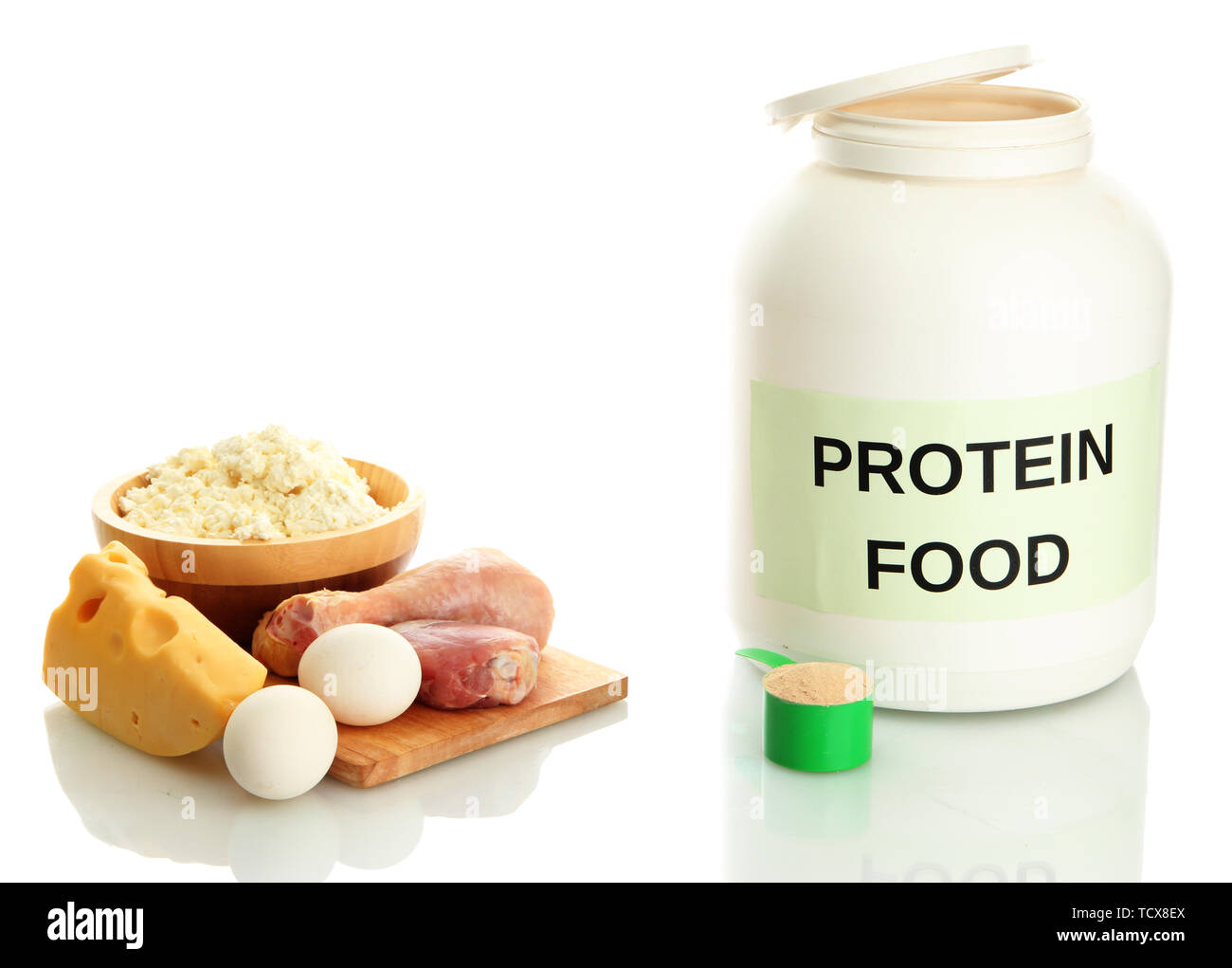 jar of protein powder and food with protein, isolated on white Stock ...