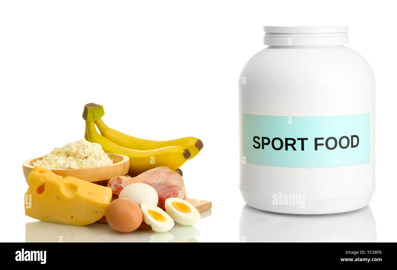 jar of protein powder and food with protein, isolated on white Stock ...