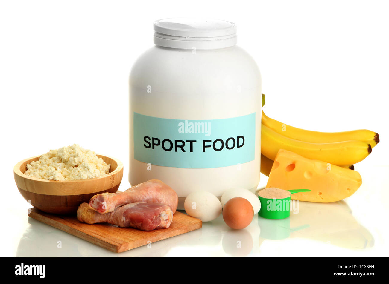 jar of protein powder and food with protein, isolated on white Stock ...