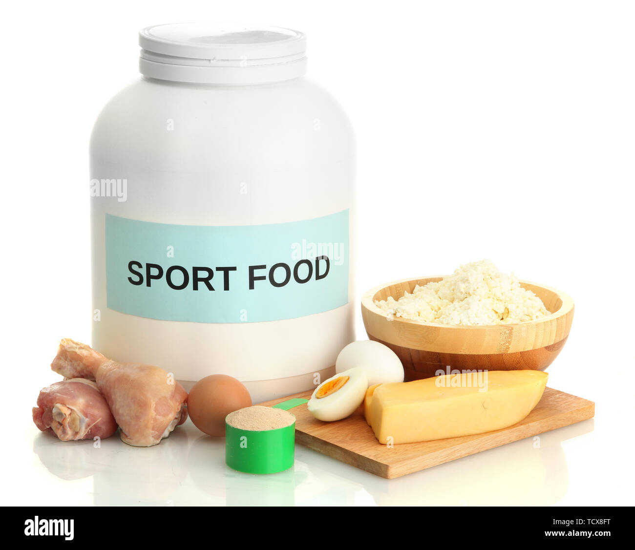 jar of protein powder and food with protein, isolated on white Stock ...