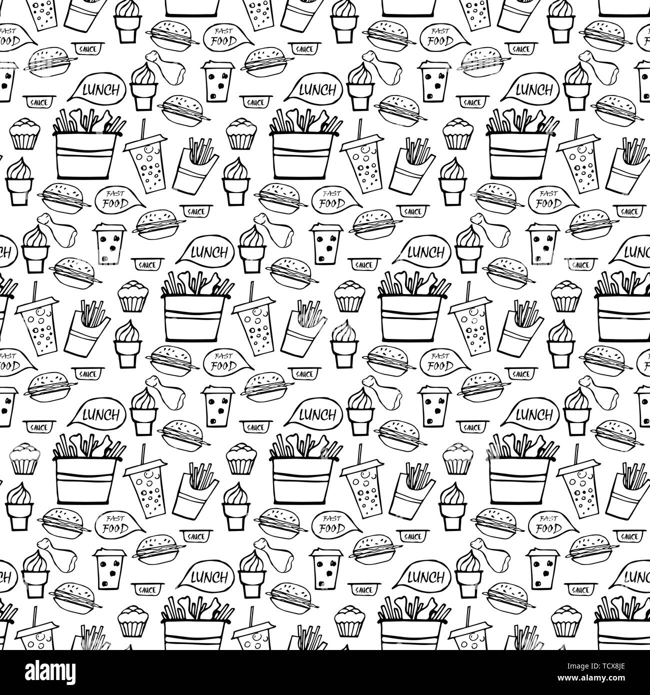 Cartoon cute hand drawn Fast food seamless pattern.Sketch backdrop with ...