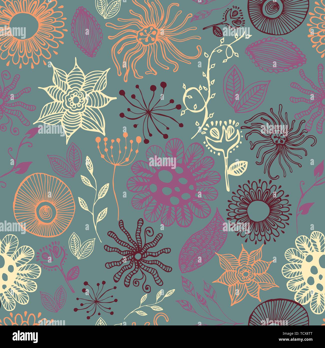 Colorful seamless botanic texture, detailed flowers illustrations ...