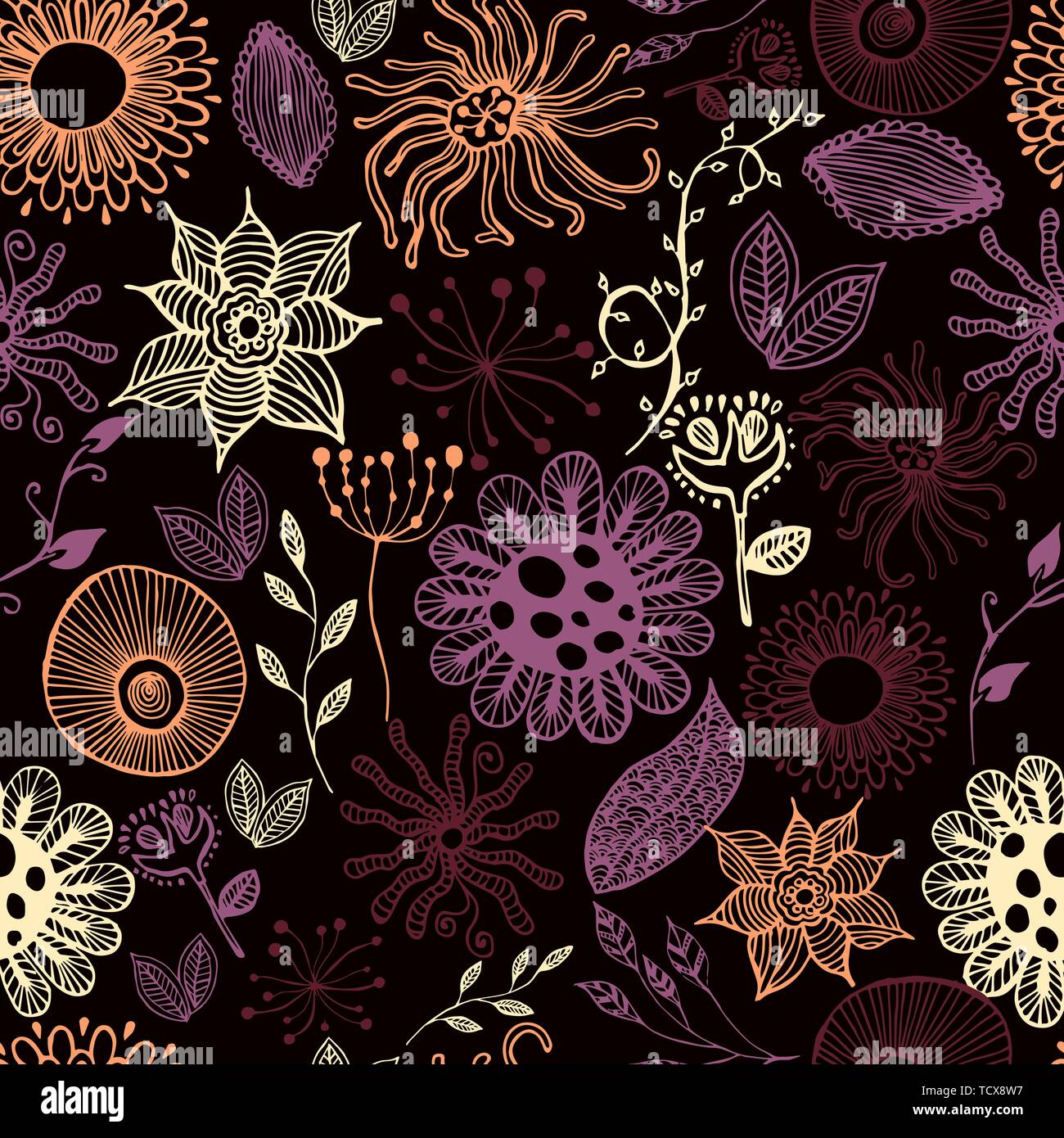 Colorful seamless botanic texture, detailed flowers illustrations ...