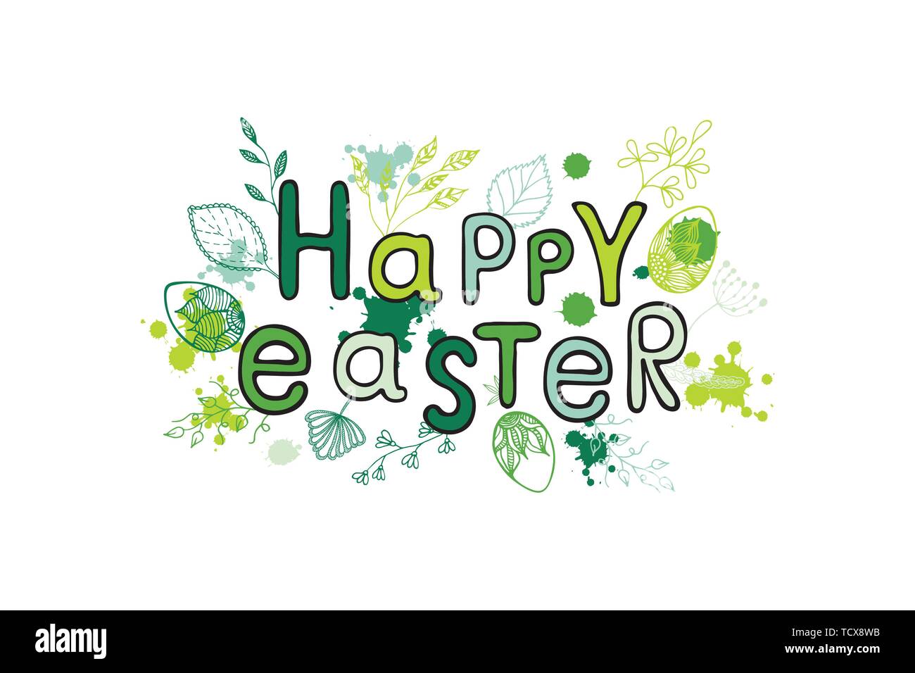 Colorful Happy Easter greeting card with leafs, eggs and blots elements ...
