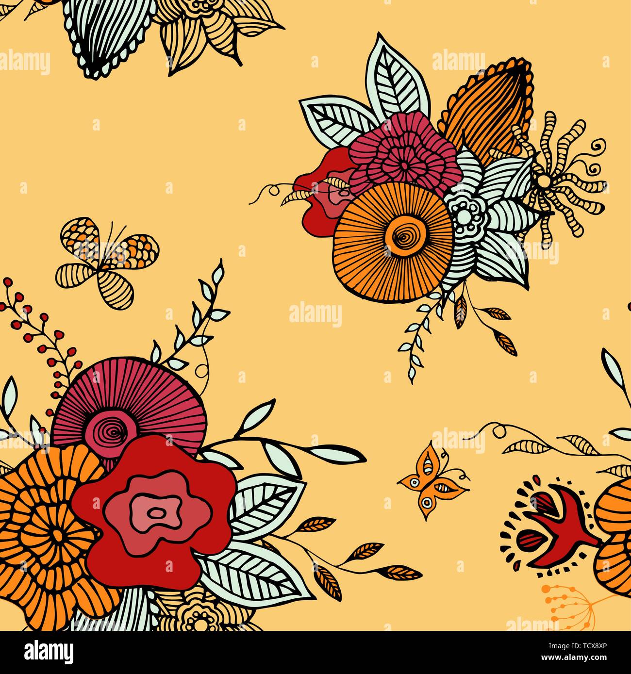 Botanic texture, detailed flowers illustrations. Doodle style, spring ...