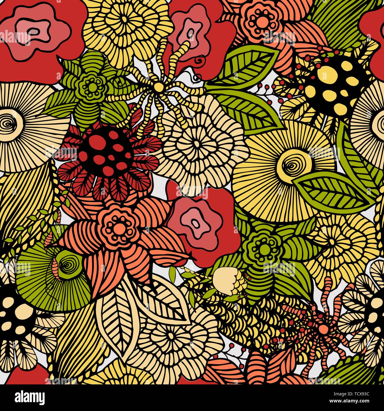 Botanic texture, detailed flowers illustrations. Doodle style, spring ...