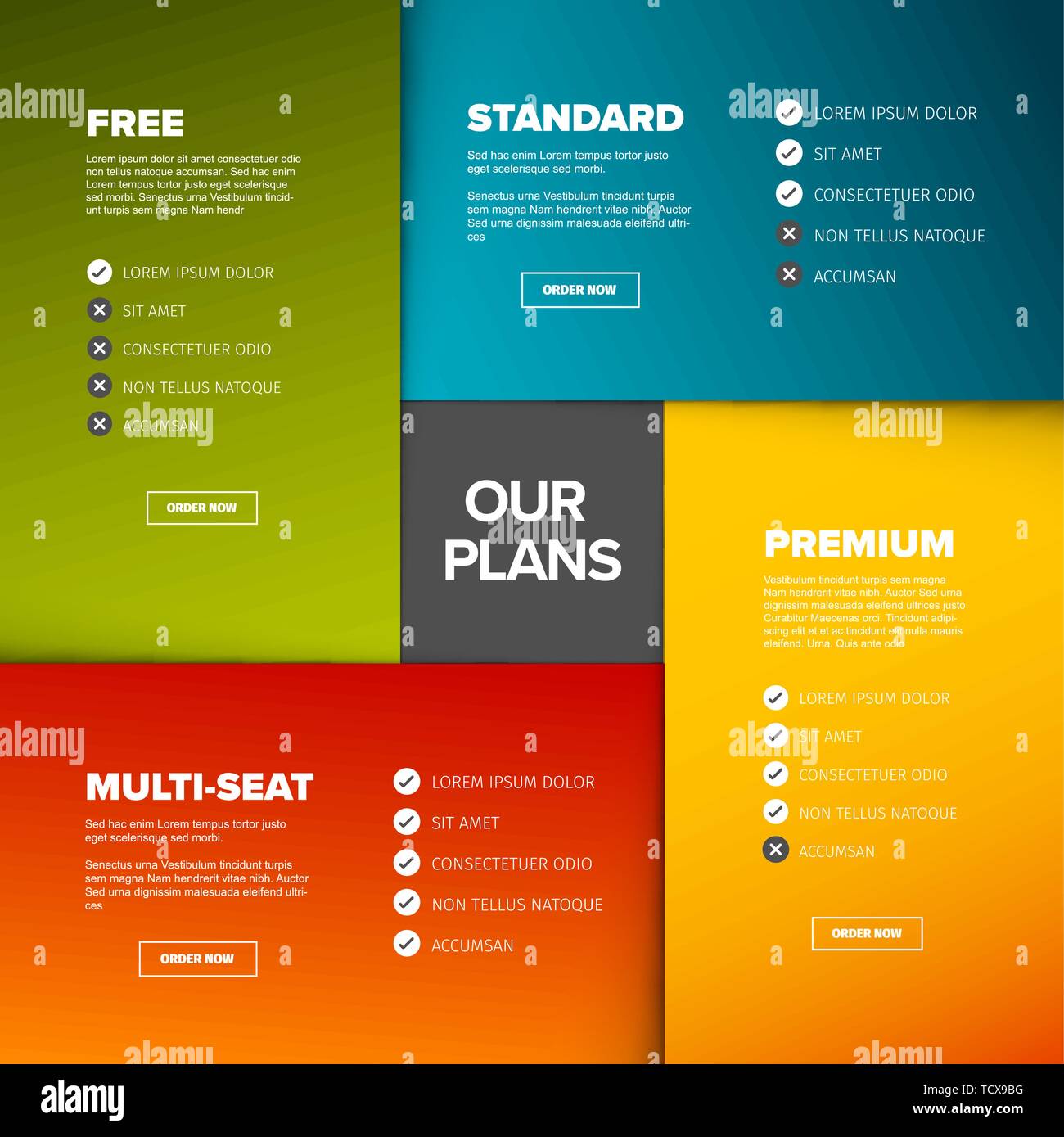 Product features schema template cards with four services, feature ...