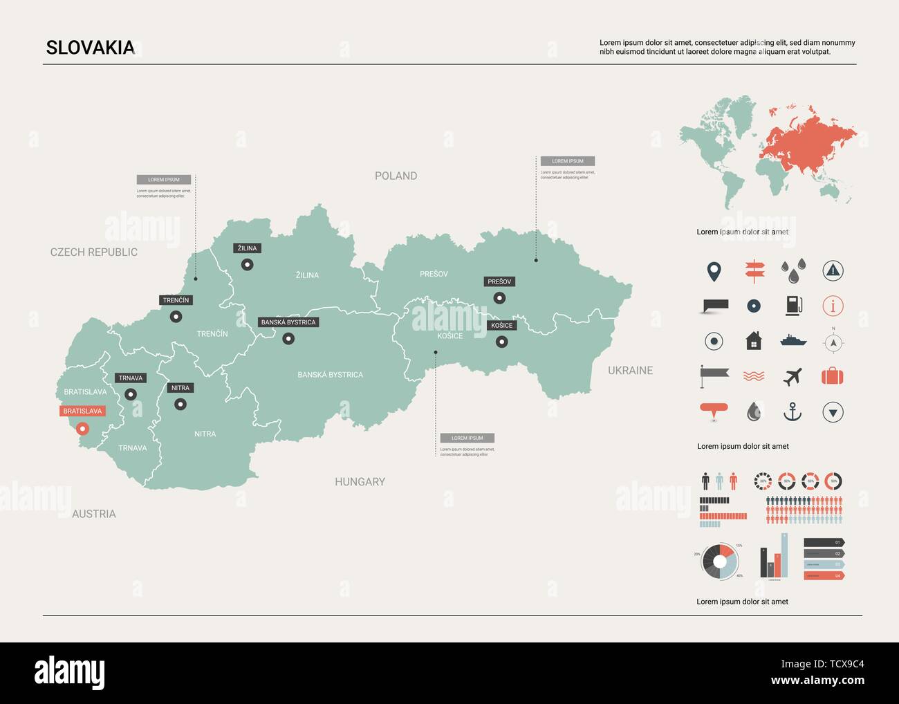 Vector map of Slovakia. Country map with division, cities and capital Bratislava. Political map ...
