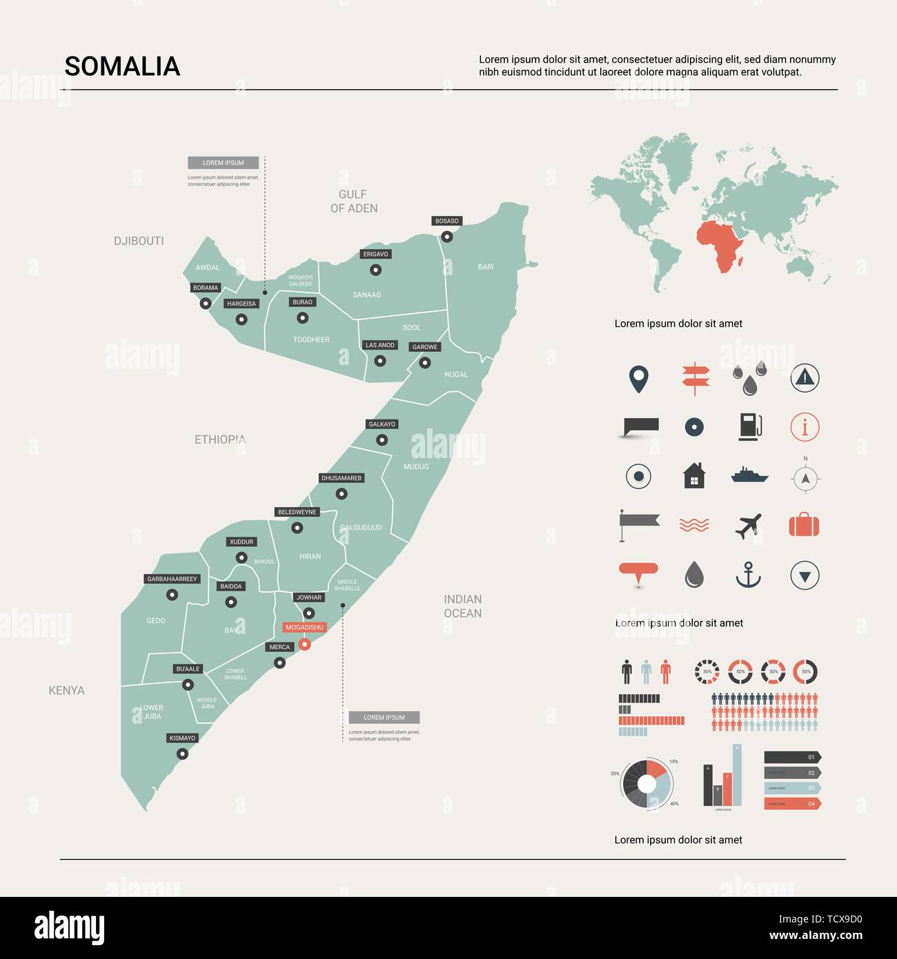 Vector map of Somalia. Country map with division, cities and capital ...