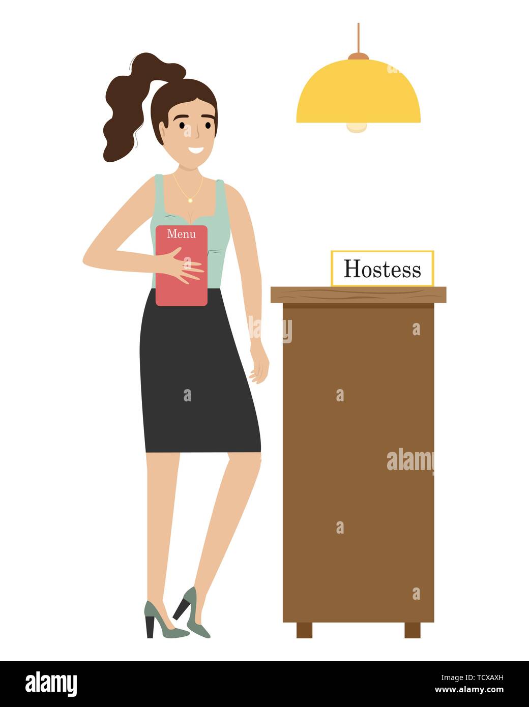 Girl hostess with a badge at the stand in the restaurant with a menu in ...