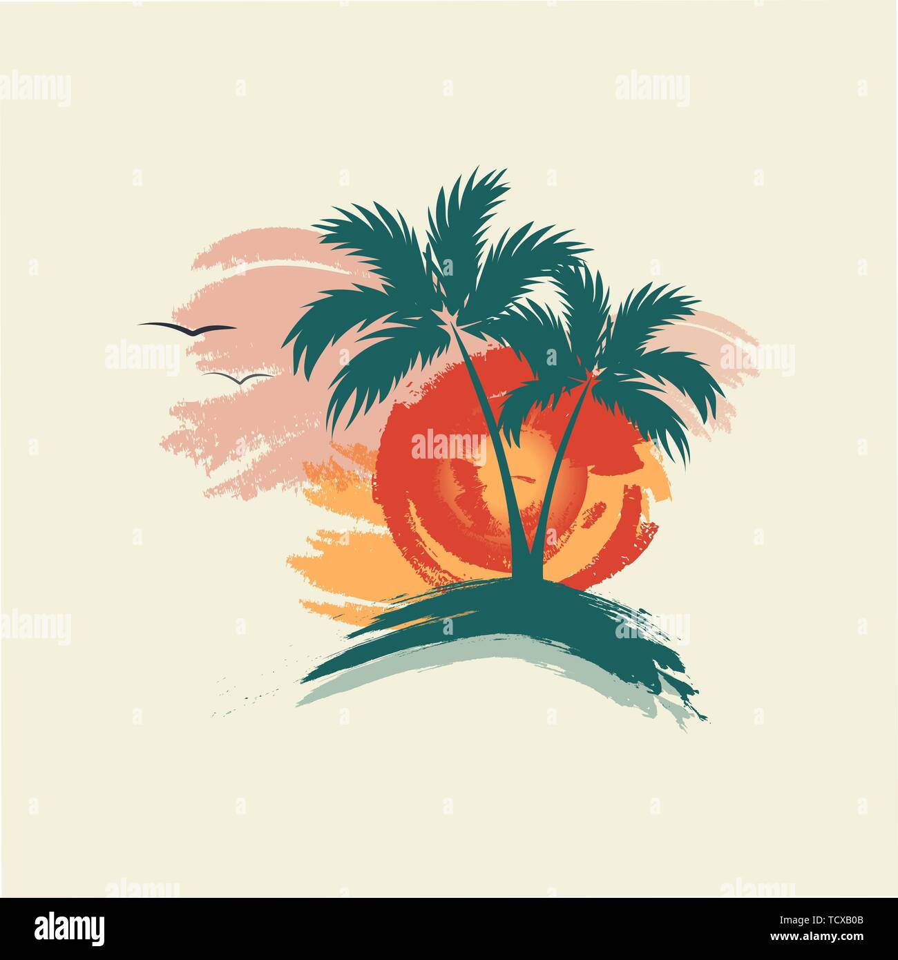 Palm trees, sun and gulls - Illustration Stock Vector Image & Art - Alamy