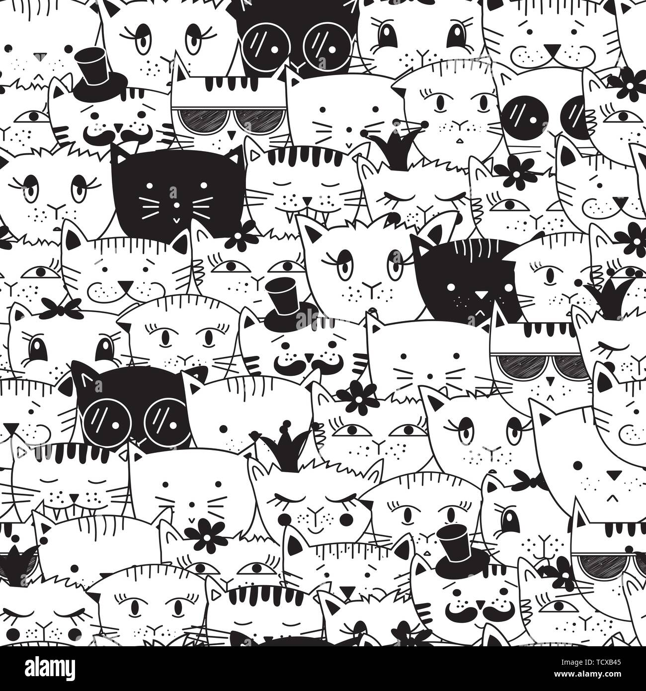 Seamless pattern with doodle cats. Cats head animal pattern. Can be ...