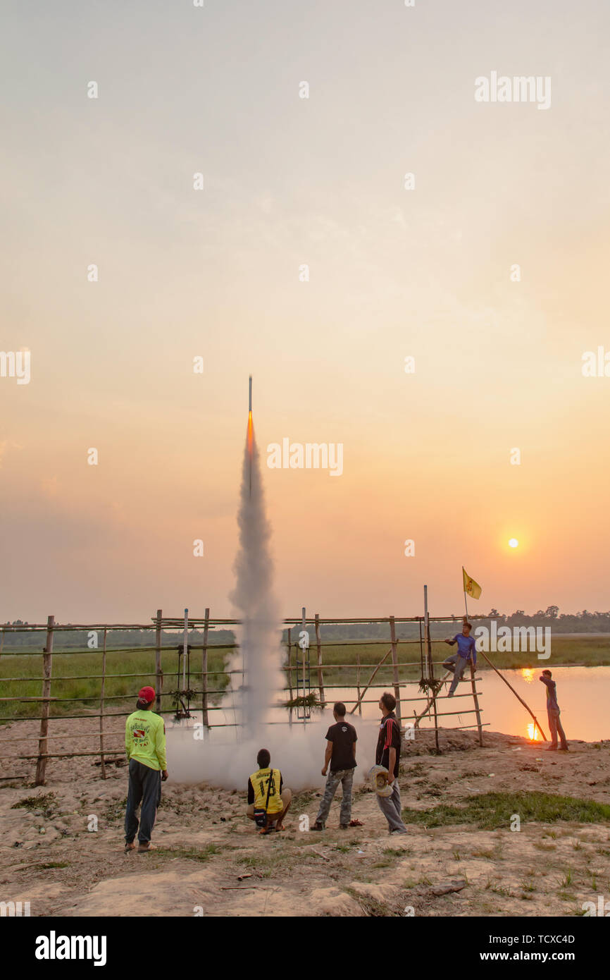 NAKHONPHANOM, THAILAND - APRIL 11, 2019 - Thai rocket to the sky ...