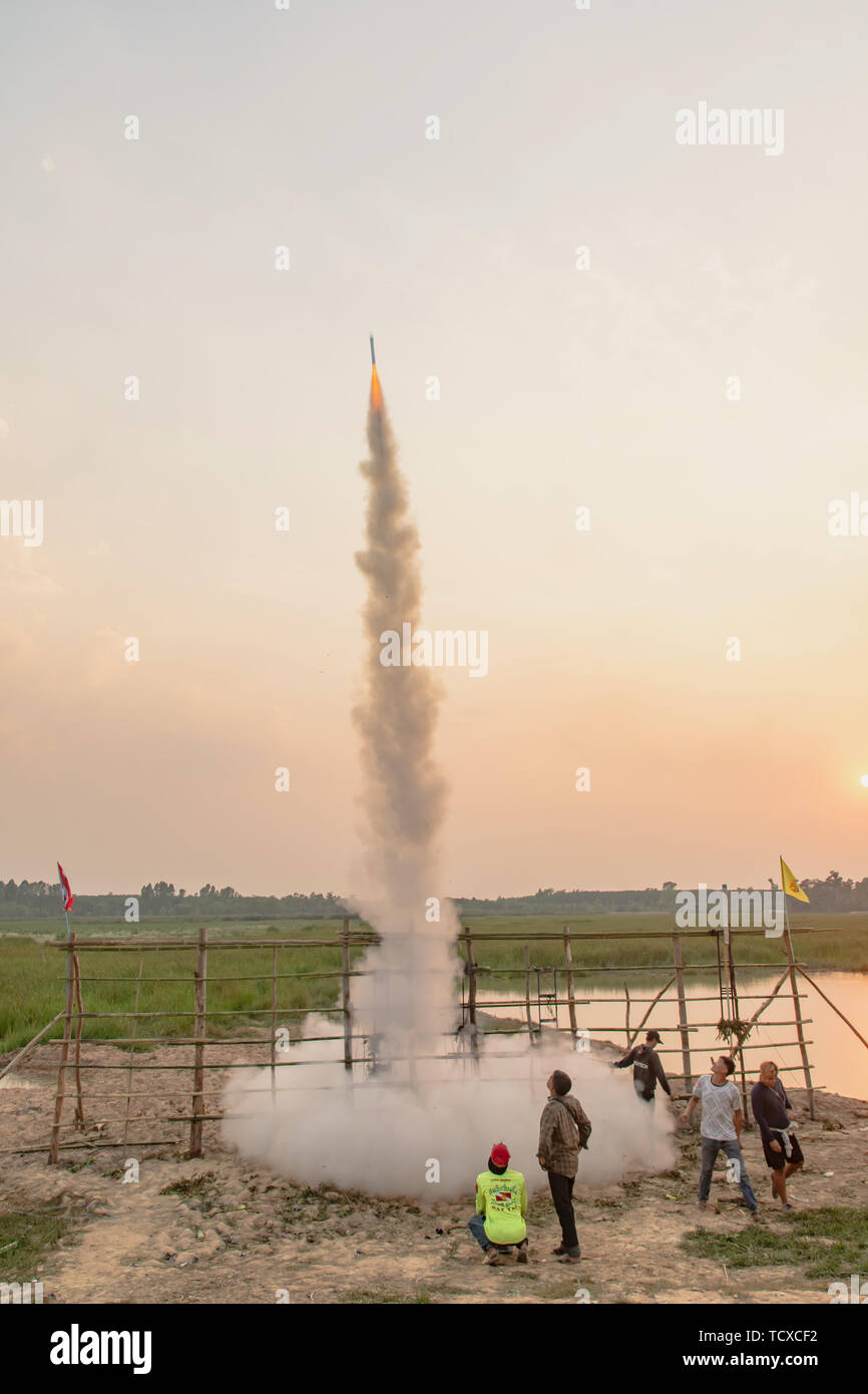 NAKHONPHANOM, THAILAND - APRIL 11, 2019 - Thai rocket to the sky ...