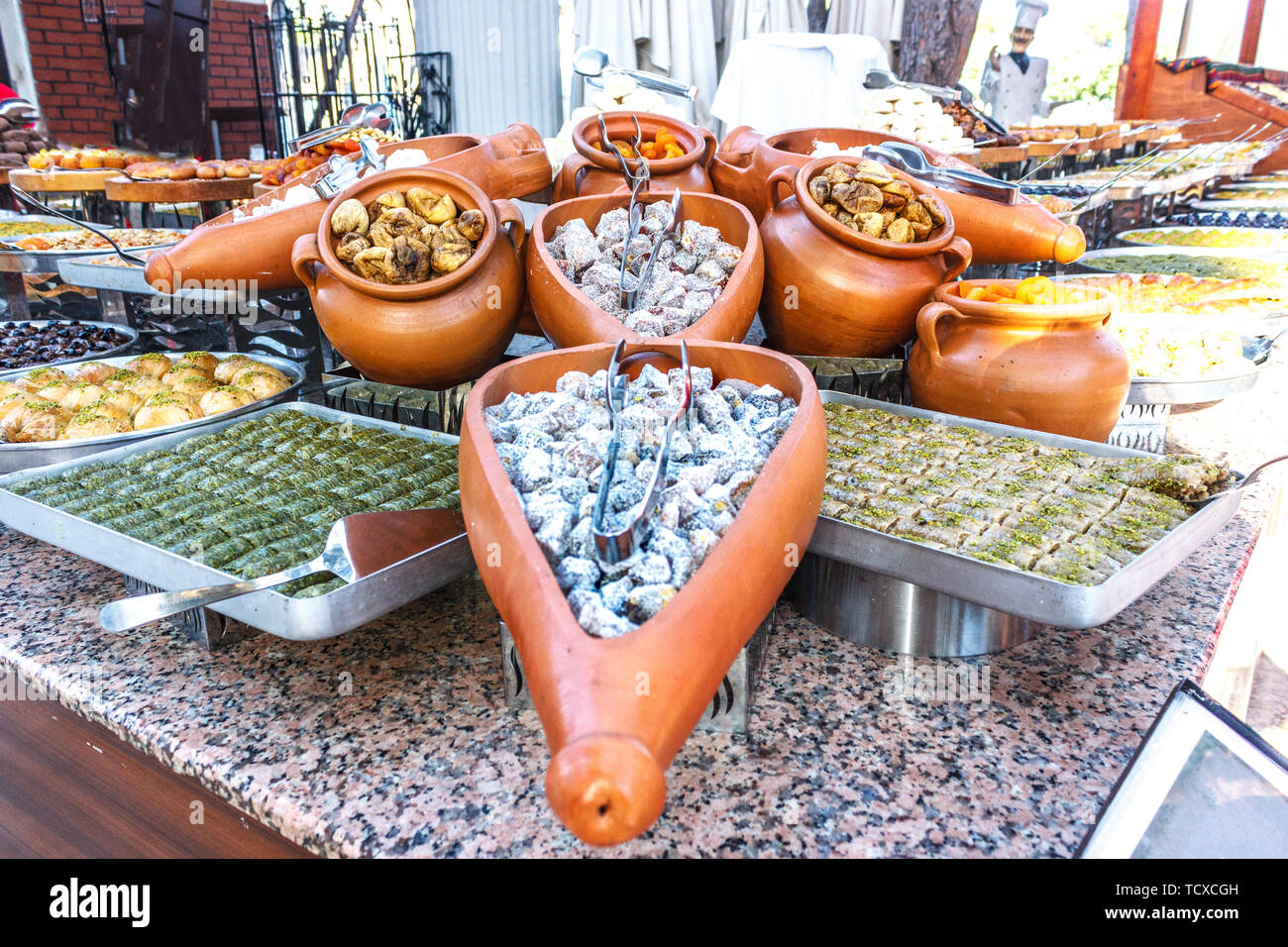 Traditional Turkish delight in the open buffet in a hotel in Turkey ...