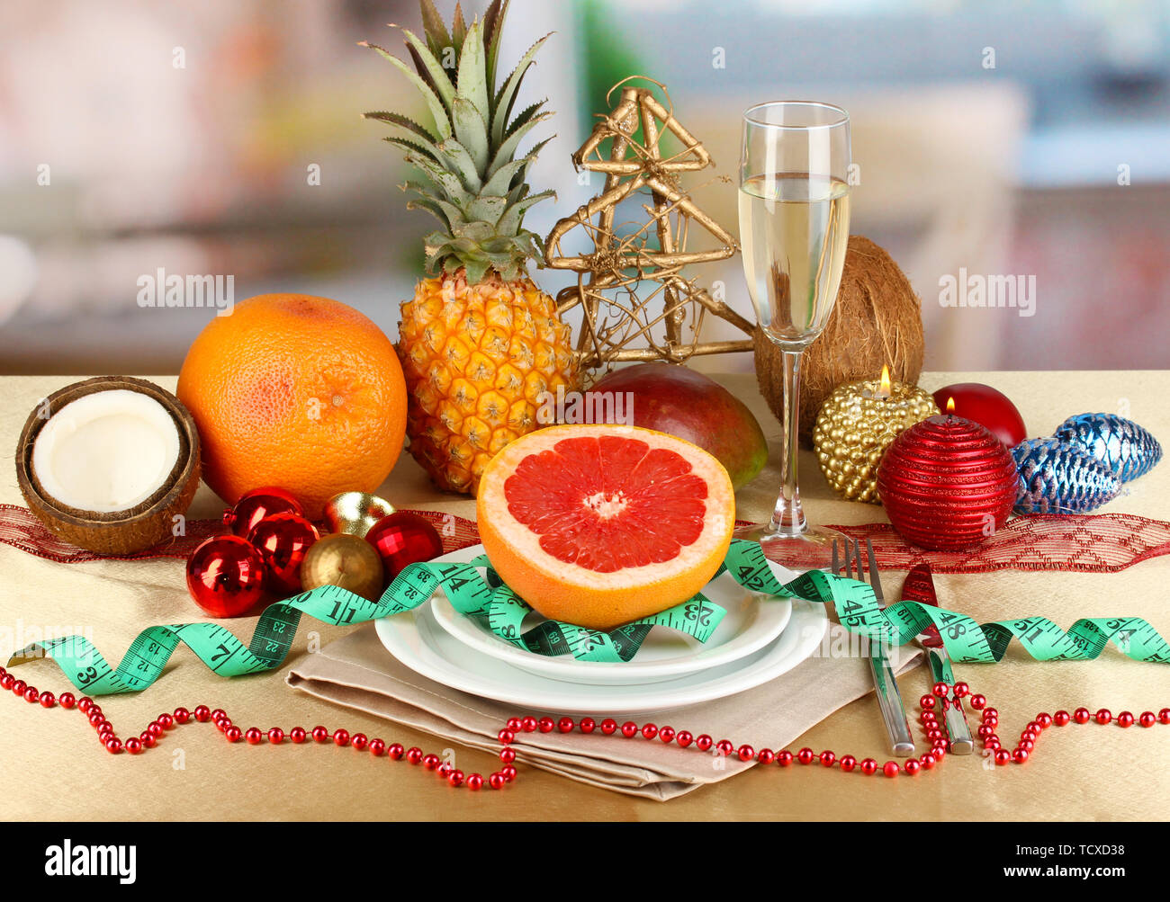 Dietary food on New Year's table on room background Stock Photo - Alamy