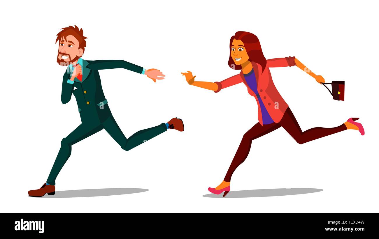 Rush Running Characters Young Man And Woman Vector Stock Vector Image ...