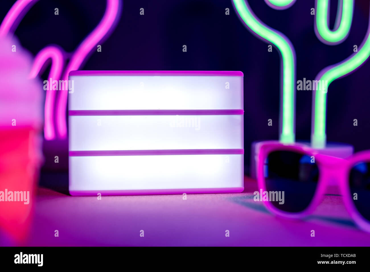 Summer light box flamingo, cactus, sunglasses and blank light box with ...