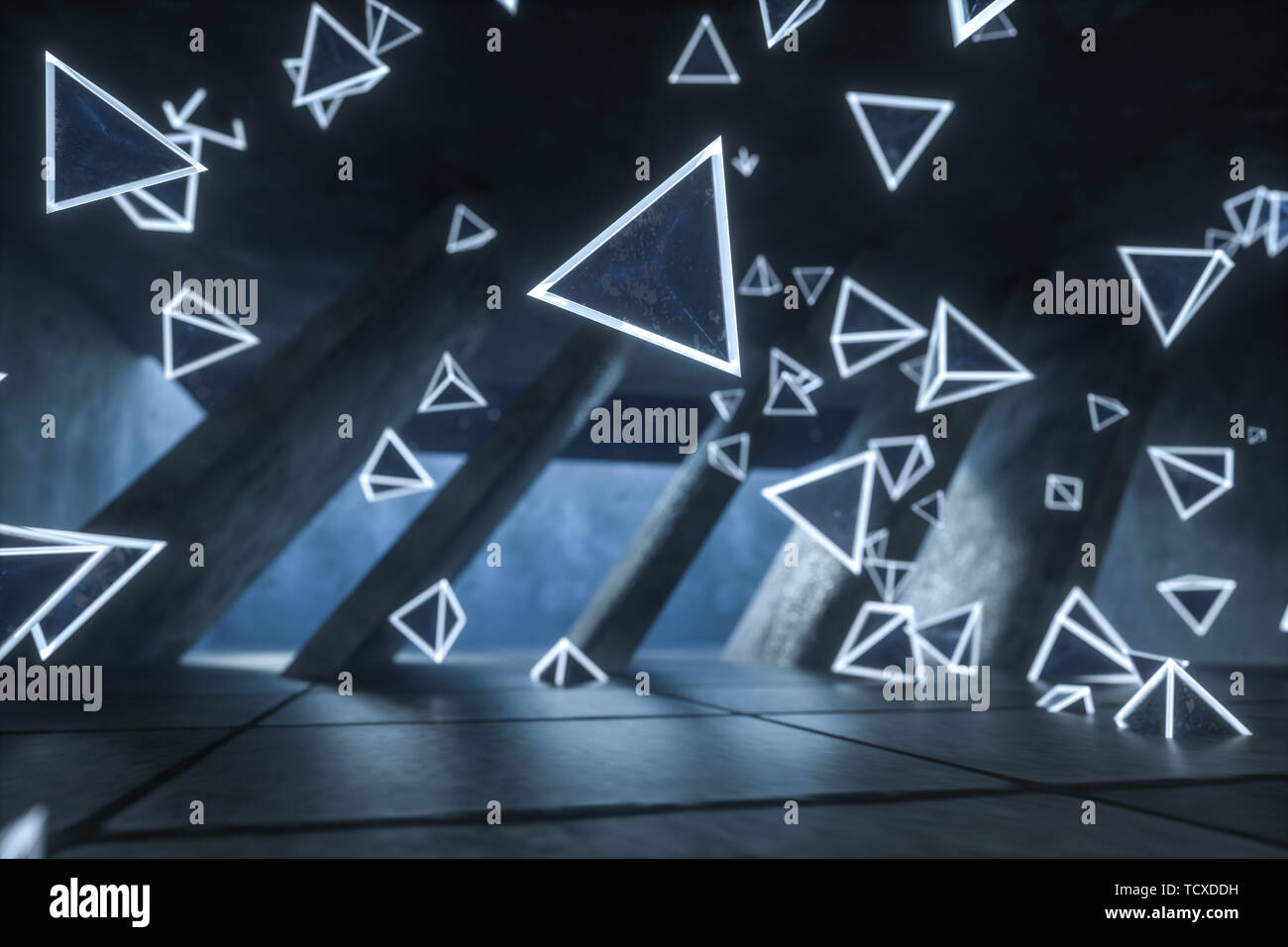 Three-dimensional rendering, glowing triangle inside a dark room Stock ...