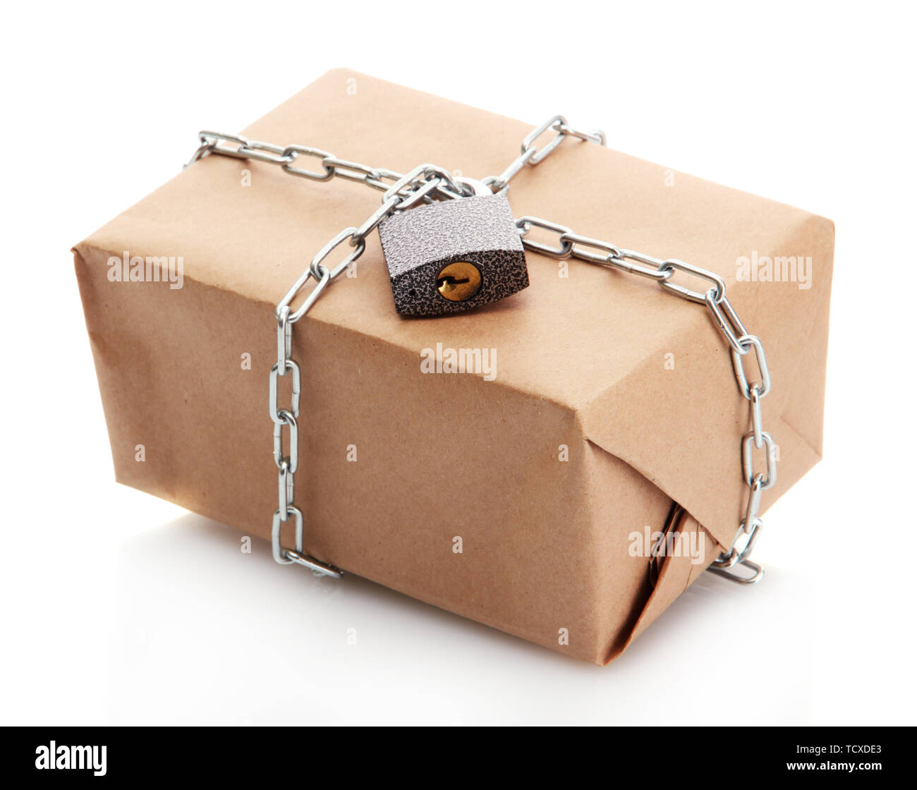 parcel with chain and padlock, isolated on white Stock Photo - Alamy