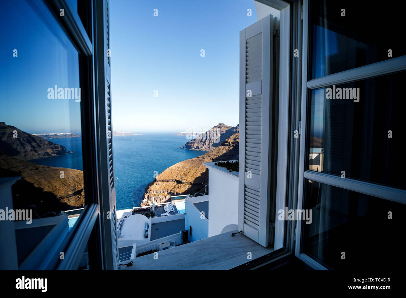 Window with view of sea , Santorini, Greece Stock Photo - Alamy