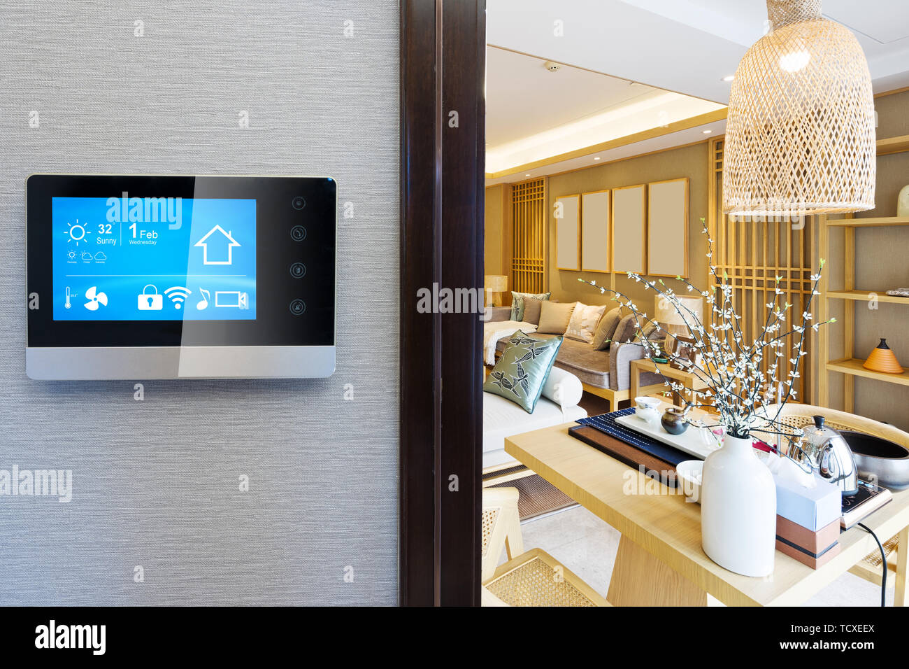 smart screen with smart home with modern living room Stock Photo - Alamy