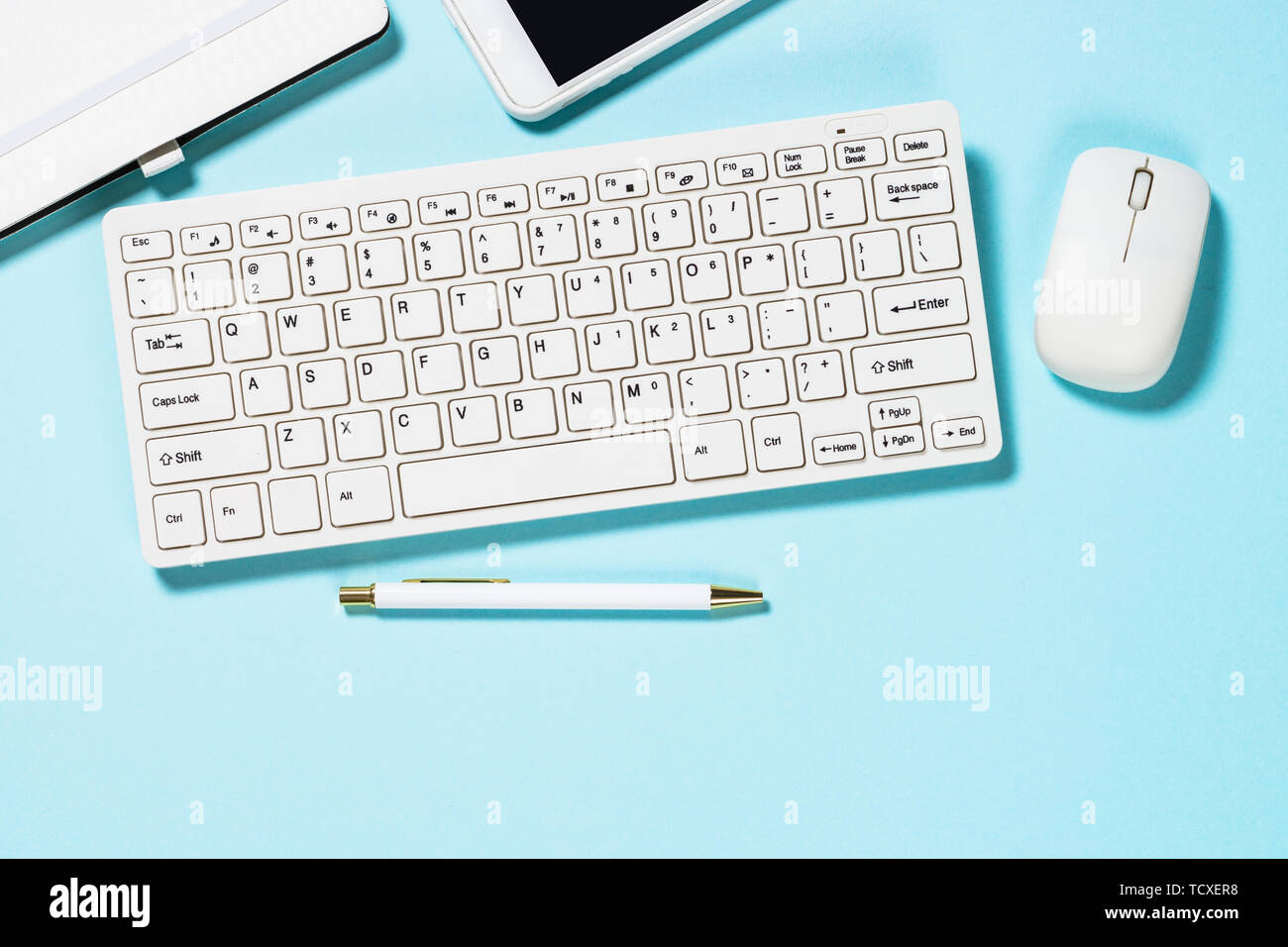 Office desk with keyboard, succulent and pen on blue background Stock ...