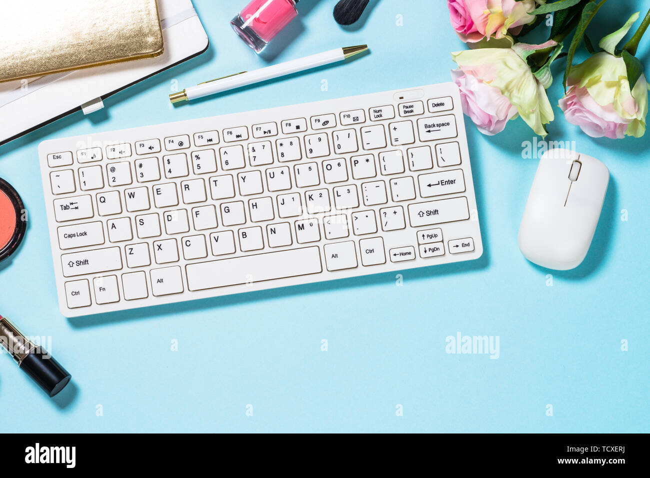 Office flat lay background on blue Stock Photo - Alamy