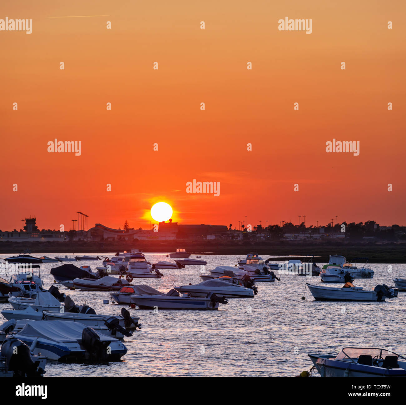 Lagoon and Airport from Pier de Faro at sunset. Faro, Algarve, Portugal ...
