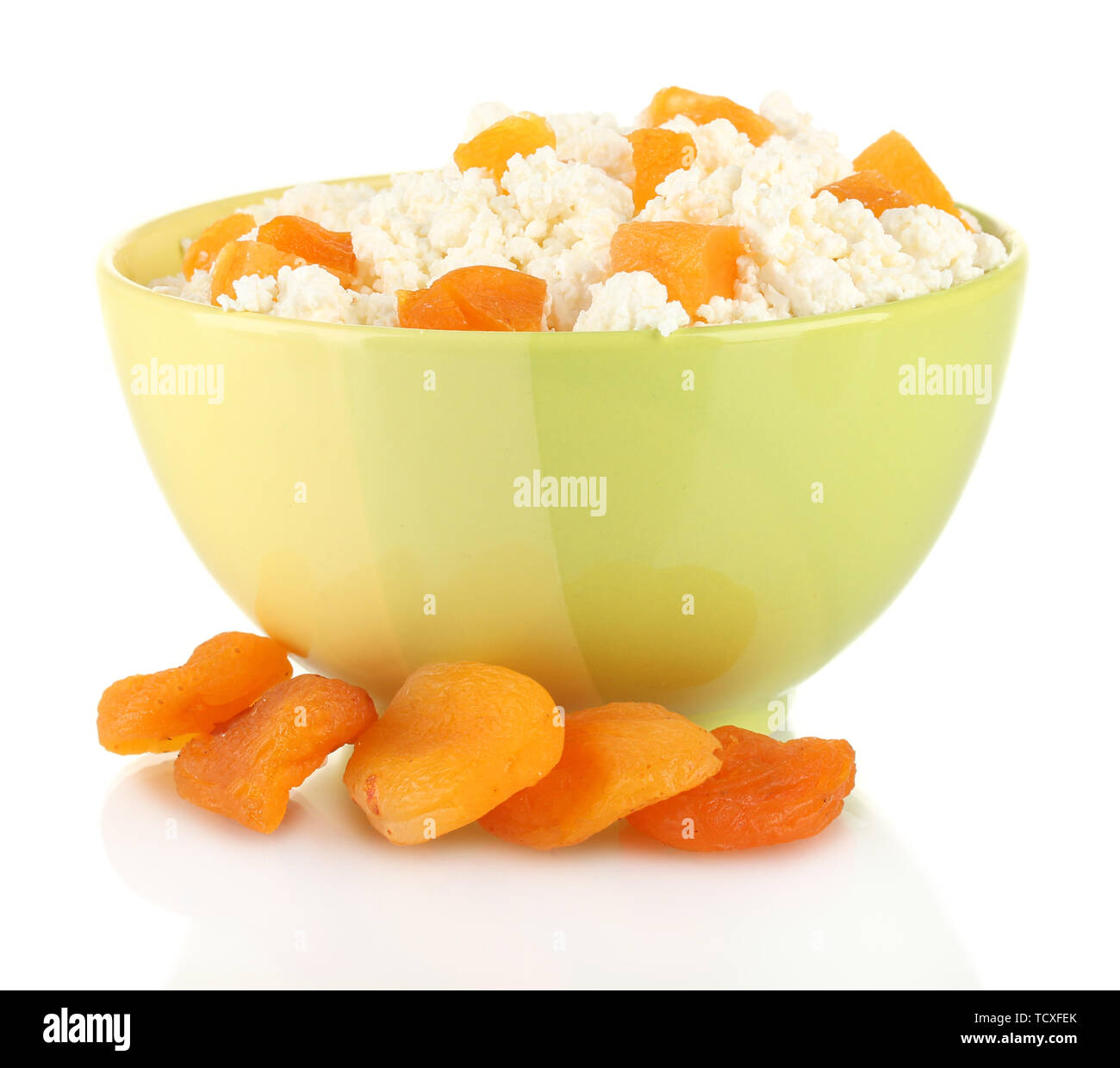 Cottage cheese in color bowl with apricot, isolated on white Stock ...