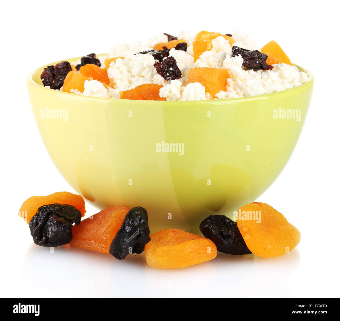Cottage cheese in color bowl with fruits, isolated on white Stock Photo ...