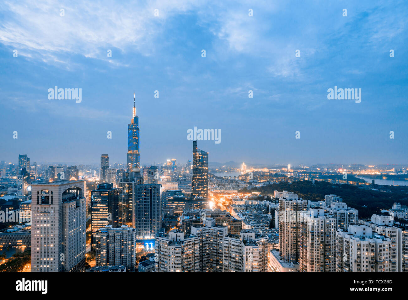 Night view of Zifeng Building, urban skyline complex in Nanjing, China ...
