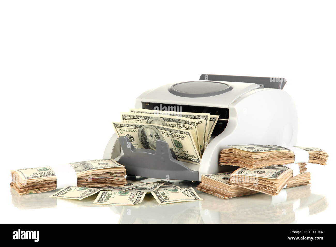 Machine for counting money and 100 dollar bills isolated on white Stock ...