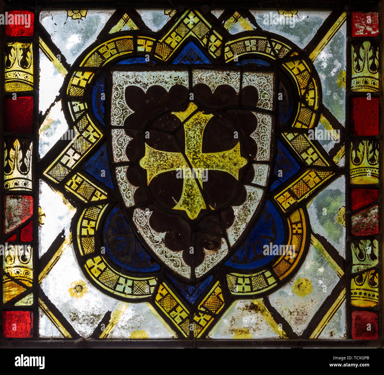 Medieval heraldic stained glass window, Badley church, Suffolk, England ...