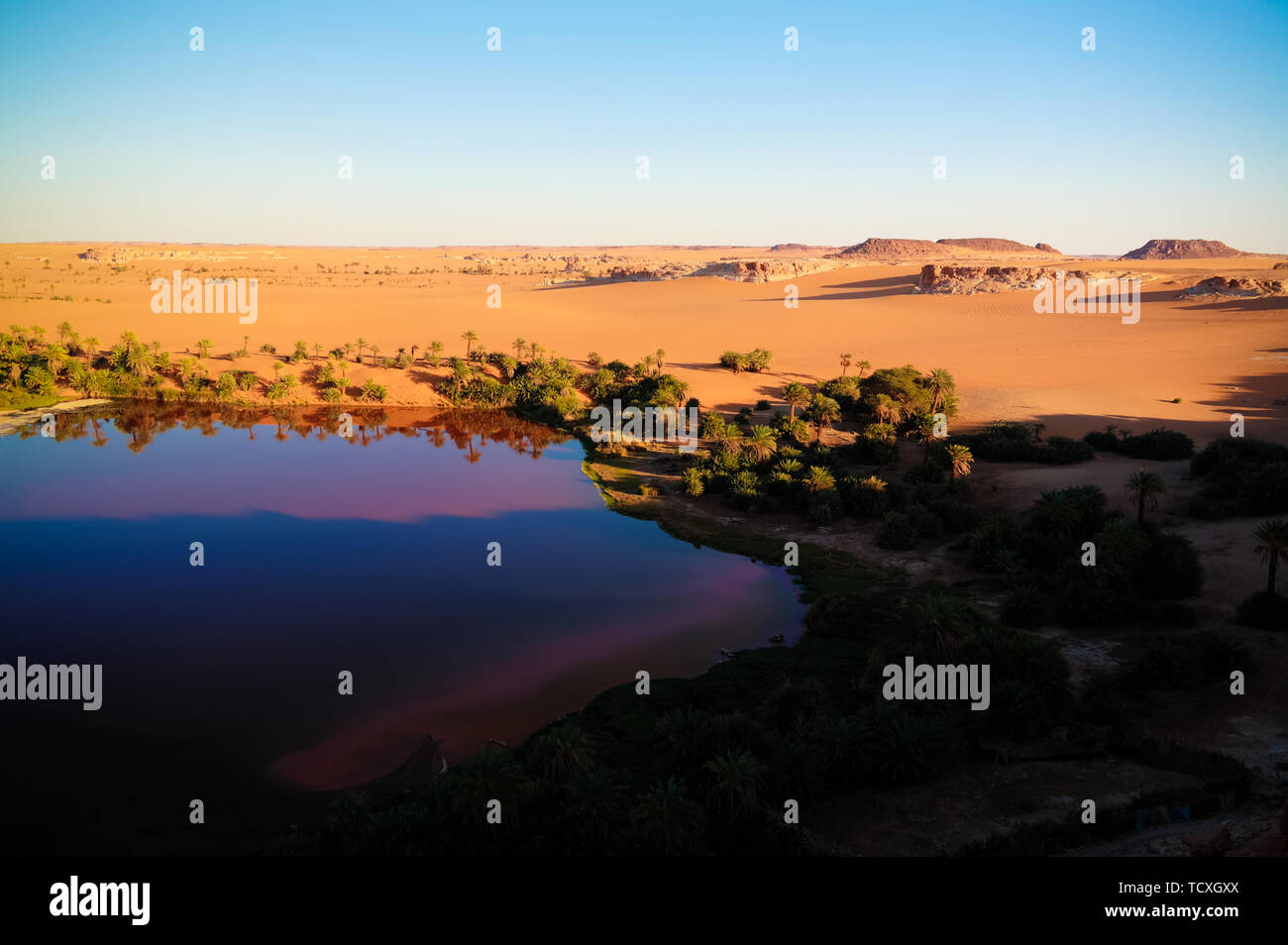 sunset aerial Panoramic view to Yoa lake group of Ounianga kebir lakes ...