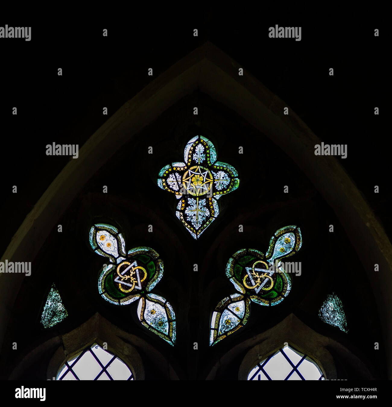 15th century tracery stained glass windows, Shimpling church, Suffolk ...