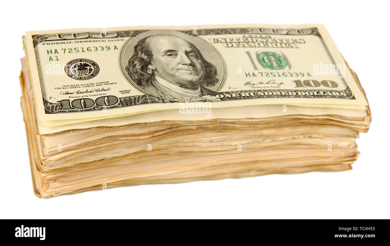 Stack of one hundred dollars banknotes close-up isolated on white Stock ...