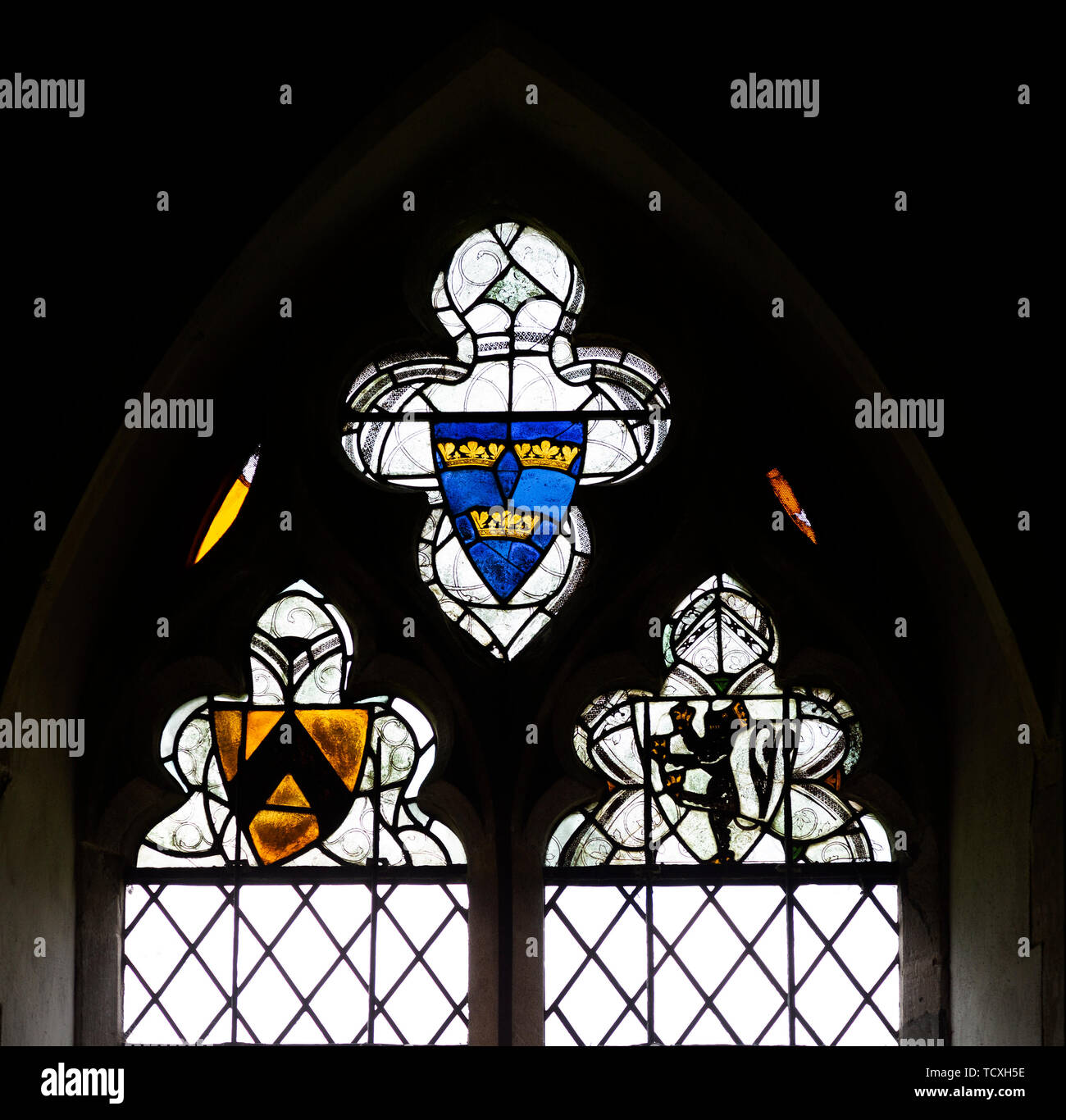 15th century tracery stained glass windows, Shimpling church, Suffolk ...