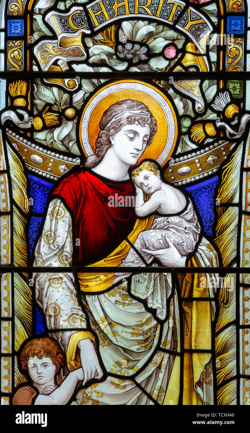 Stained glass window detail, Shimpling church, Suffolk, England, UK c ...