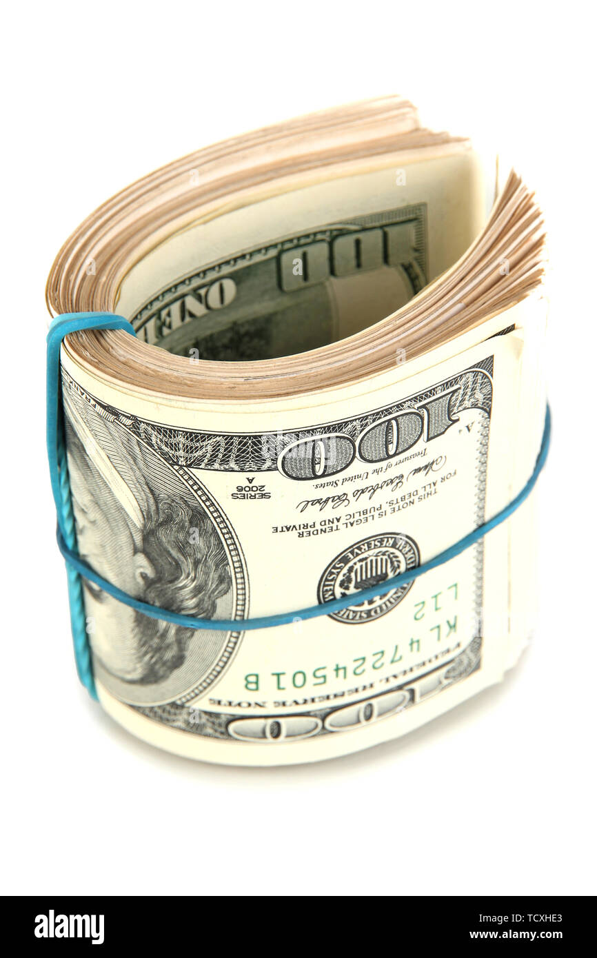 Twisted bundle 100 dollar bills isolated on white Stock Photo - Alamy