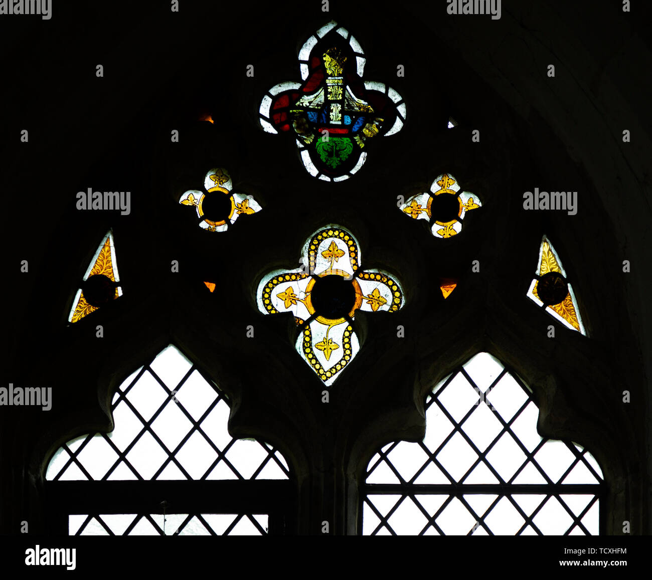 15th century tracery stained glass windows, Shimpling church, Suffolk ...