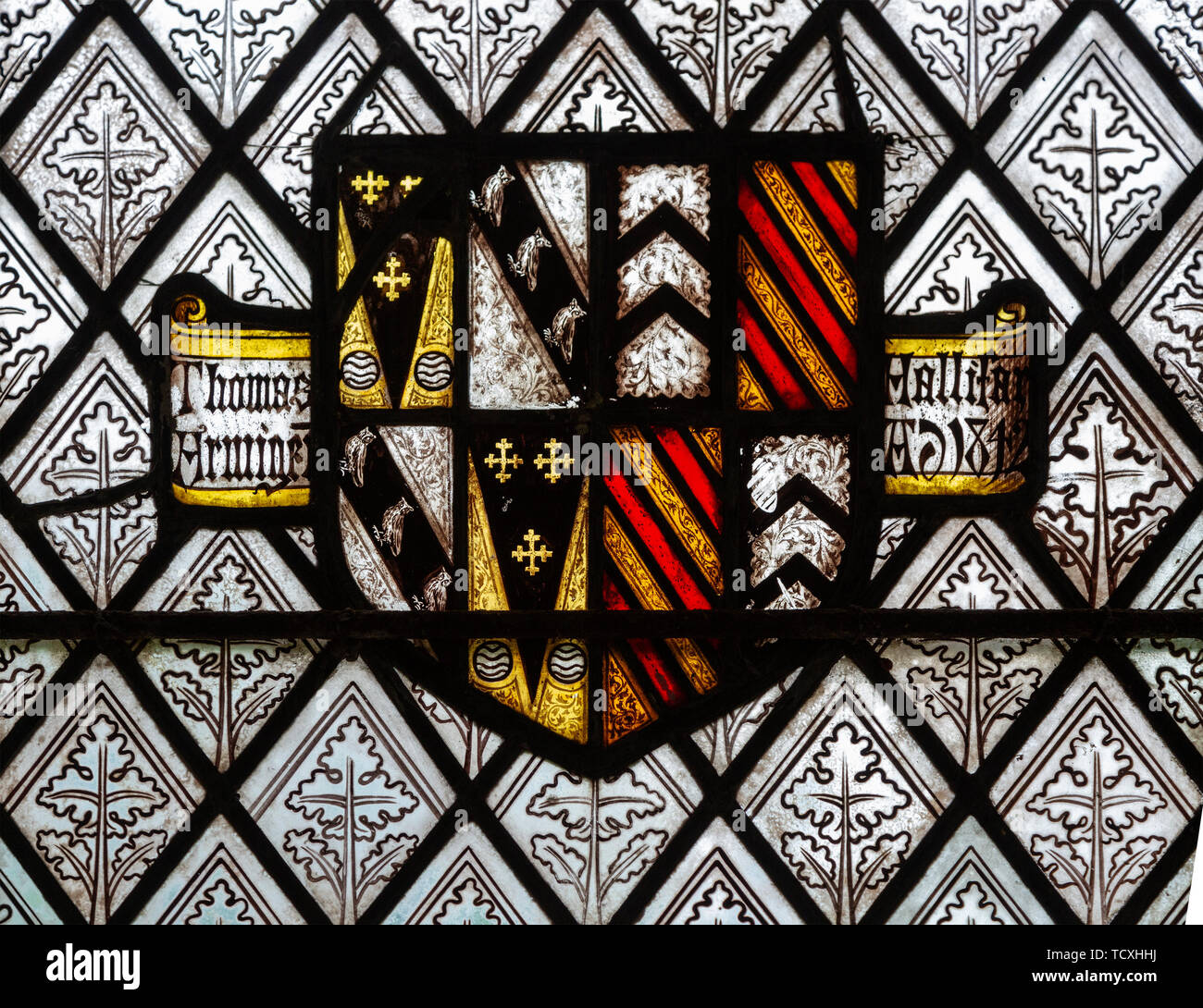 Detail of stained glass window, Shimpling church, Suffolk, England, UK ...