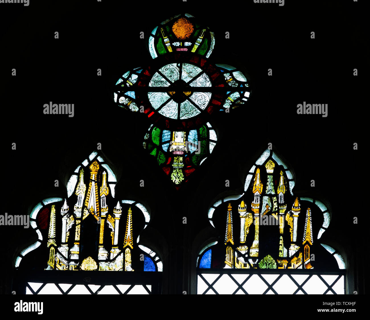 15th century tracery stained glass windows, Shimpling church, Suffolk ...