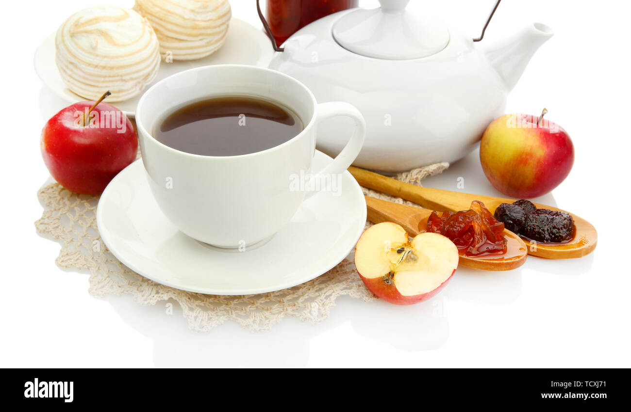 light breakfast with tea and homemade jam, isolated on white Stock ...