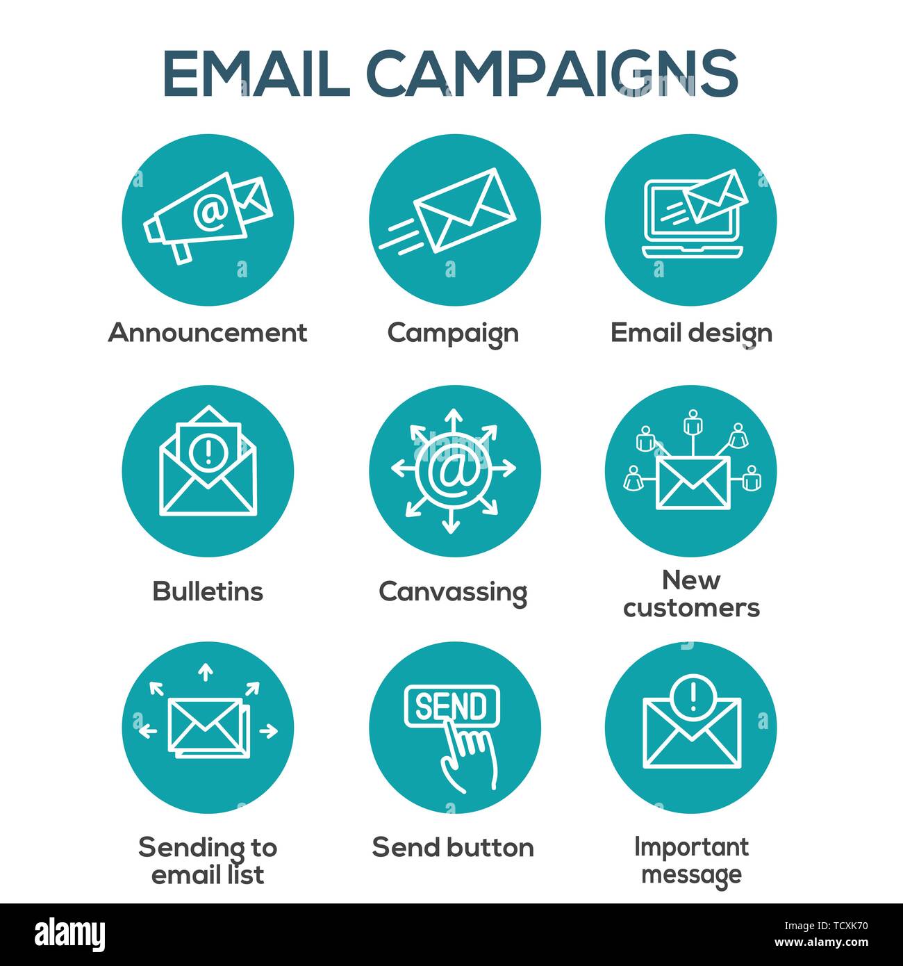 Email marketing campaigns icon set with email list, announcement ...