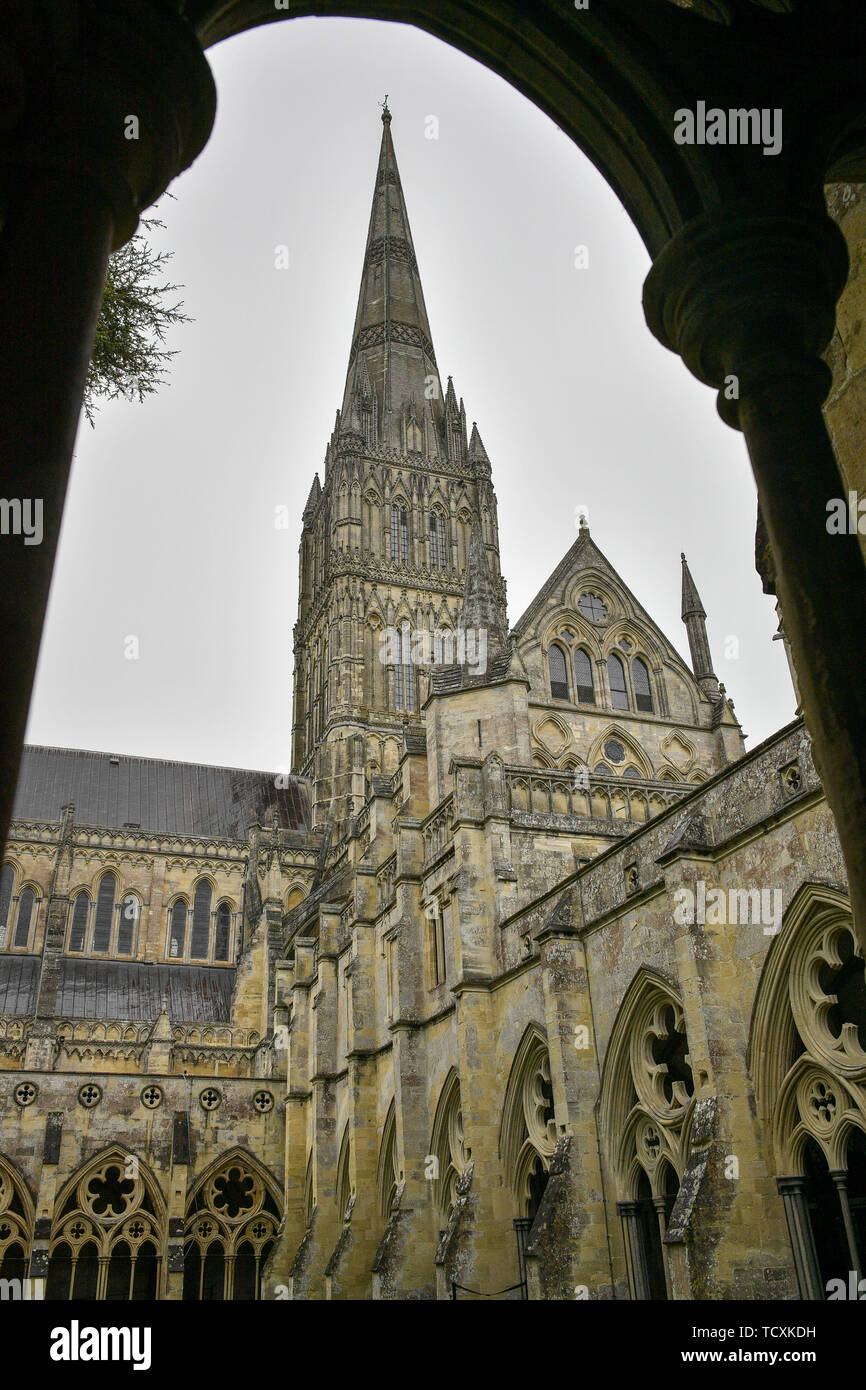 The South facing side of Salisbury Cathedral tower and spire, where ...