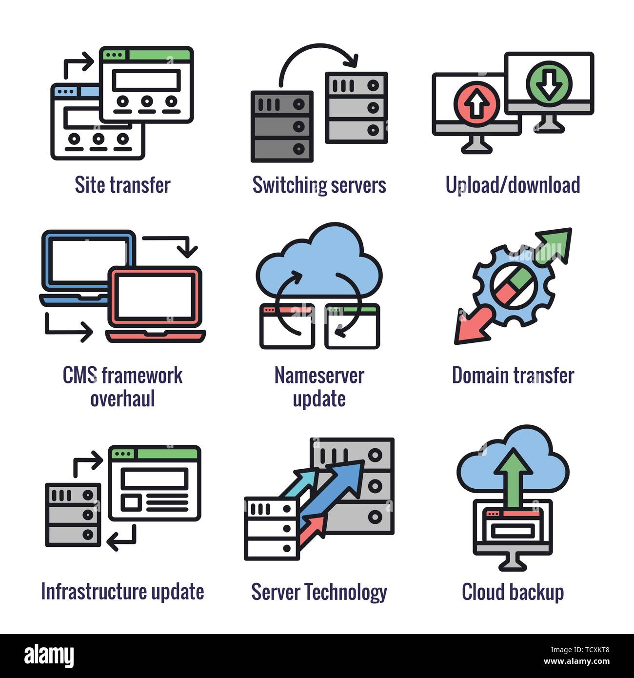Website Data Transfer Icon Set w laptops, arrows, and imagery of ...